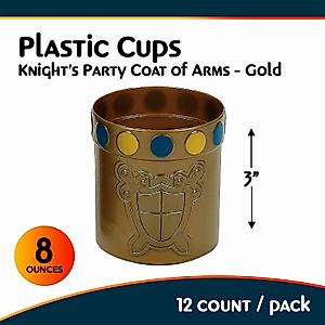 Fun Express Set of 12 Pieces Knight Party Mugs with Jewel Rim, Holds 8 oz, BPA Free Plastic, Royal and Princess Themed Party Supplies, Golden