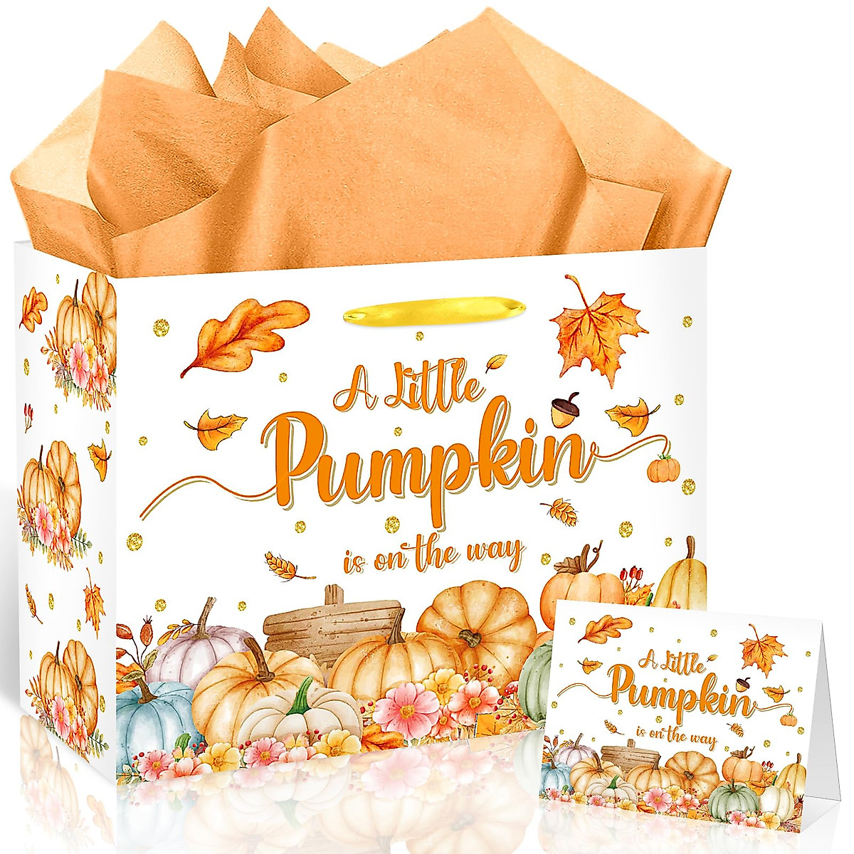 Thanksgiving Pumpkin Baby Shower Birthday Gift Bag for Baby Girls Boys A Little Pumpkin is On The Way Gift Bag with Wrapping Paper Card Fall Autumn Gift Bag for Baby Shower Party Supplies