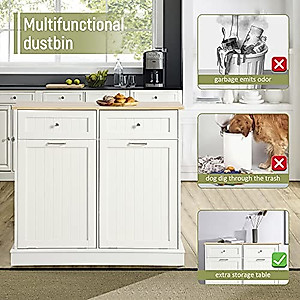 LOUVIXA Tilt Out Trash Can Cabinet Dog Proof with Double Wood Hidden Holder, Kitchen Free Standing Recycling Cabinet（White）
