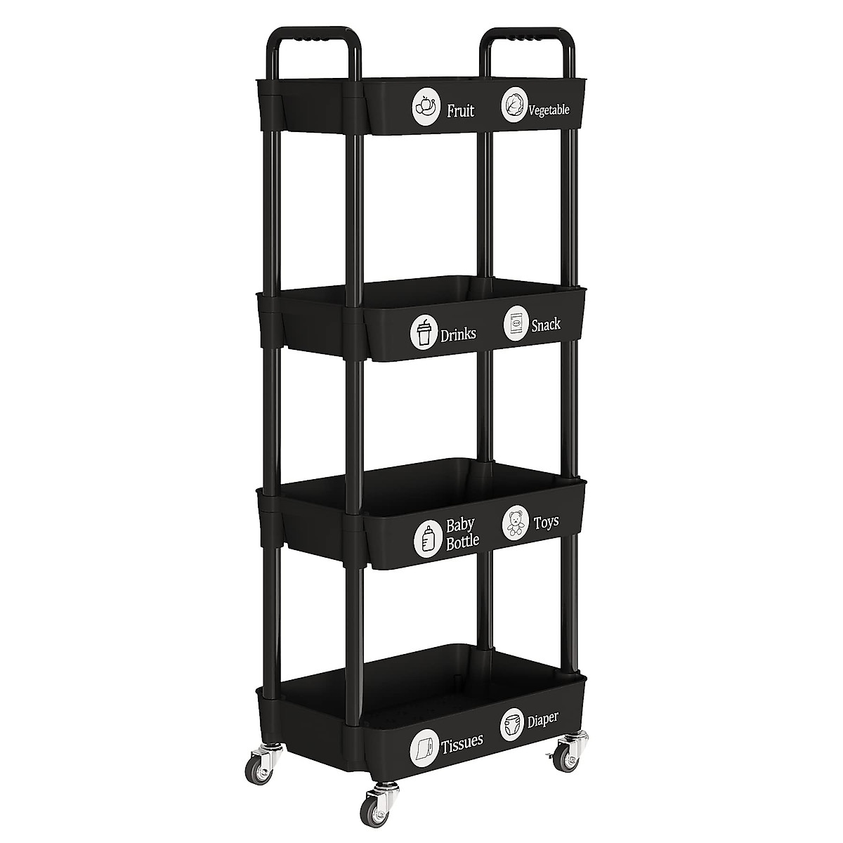 Laiensia 4-Tier Storage Cart,Multifunction Utility Rolling Cart Kitchen Storage Organizer,Mobile Shelving Unit Cart with Lockable Wheels for Bathroom,Laundry,Living Room,With Classified Stickers,Black