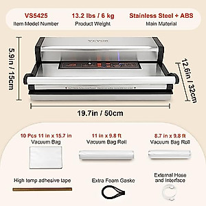 VEVOR Food Vacuum Sealer Machine, 95Kpa 350W Powerful Dual Pump and Dual Sealing, Dry and Moist Food Storage, Automatic and Manual Air Sealing System with Built-in Cutter, with Seal Bag External Hose