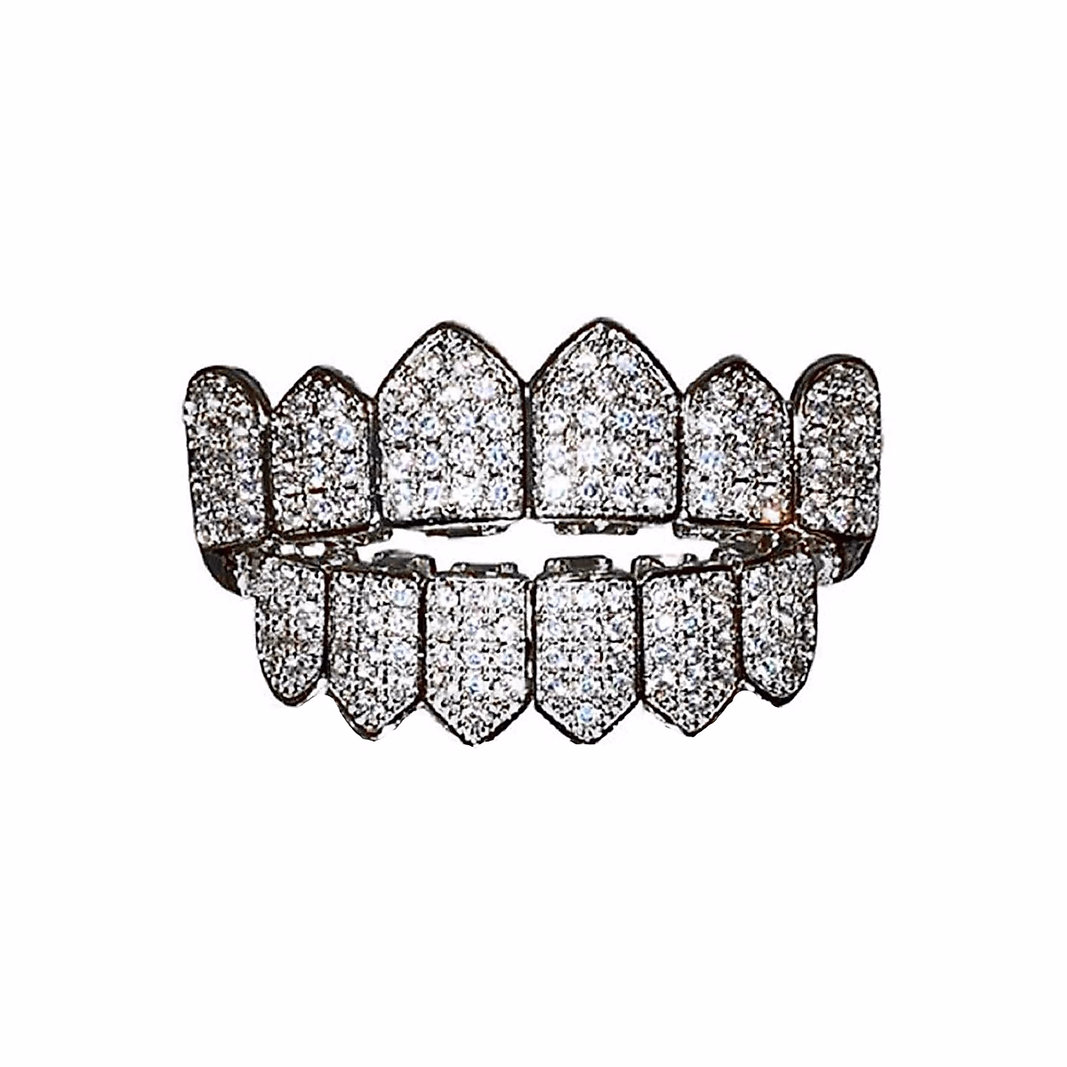 18K White Gold Plated CZ Cluster Custom Slugs Top Bottom GRILLZ Fangs Mouth Teeth Grills Set - Grillz, Teeth Cap, Iced Out Grillz (Top & Bottom Set)