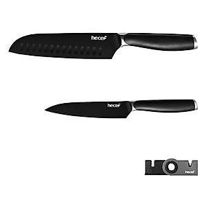 hecef Kitchen Knife Set with Mini Knife Sharpener, 3 PCS Professional Knives Set for Kitchen, Professional Knives Set Full Tang with Gift Box for Cutting Meat, Fruit, Vegetables