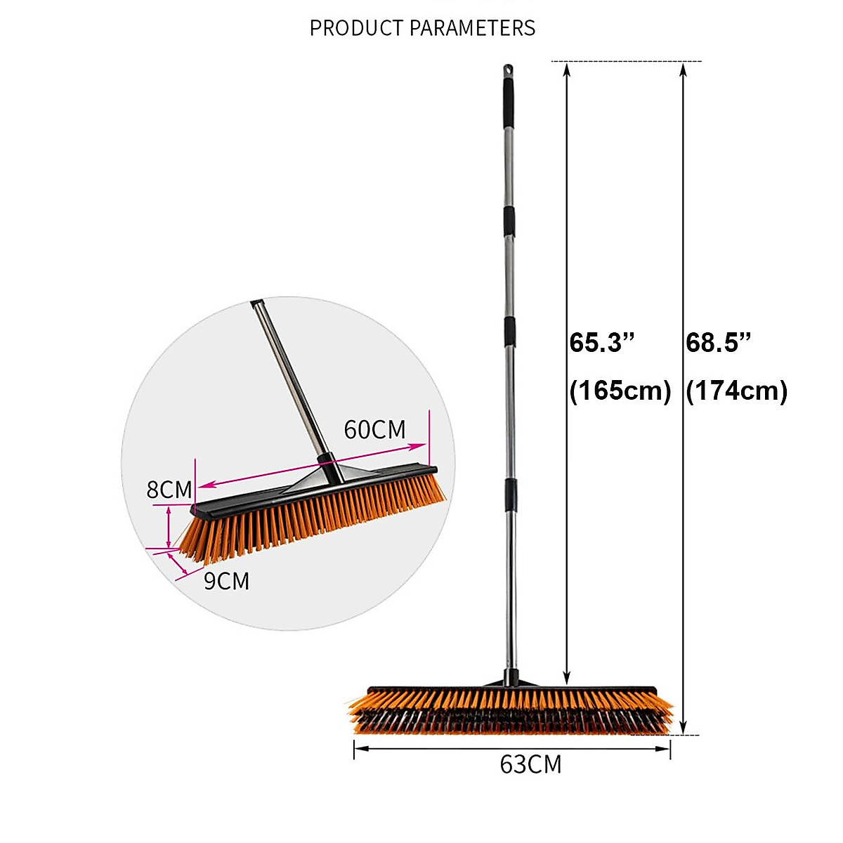 Xifando Heavy-Duty Push Broom Brush - 24" Wide, 65" Long Handle, Stiff Bristles - Perfect for Bathroom, Kitchen, Patio, Garage, Deck, Concrete, Wood, Stone, and Tile Floors (24" Black+Orange)