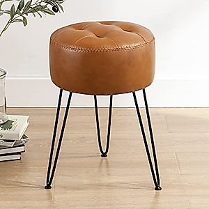 LUE BONA Faux Leather Vanity Stool Chair for Makeup Room， Brown Stool for Vanity, 19” Height, Tufted Small Vanity Chair Stool with Metal Legs, Modern Foot Stool Ottoman for Bedroom, Living Room