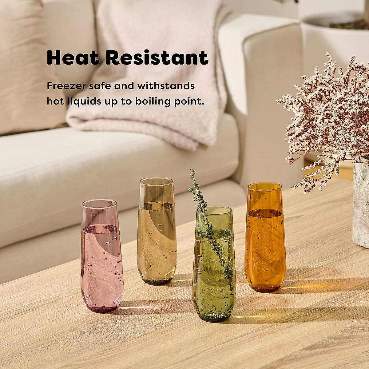 TOSSWARE RESERVE 9oz Stemless Flute - Color Series SET OF 4, Premium Quality, Tritan Dishwasher Safe & Heat Resistant Unbreakable Plastic Champagne Glasses