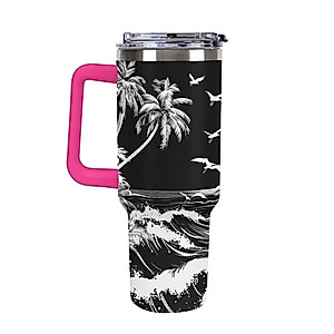 Palm Tree Black 40 Oz Tumbler Insulated Stainless Steel Water Bottle Travel Mug Car Cup with Handle And Straw