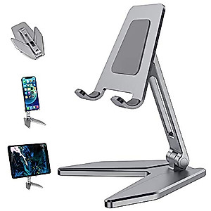 Arae Adjustable Cell Phone Stand, Aluminum Desk Cellphone Stand Holder Cradle Dock with Anti-Slip Base and Charging Port Compatible with All Smartphone (Gray)