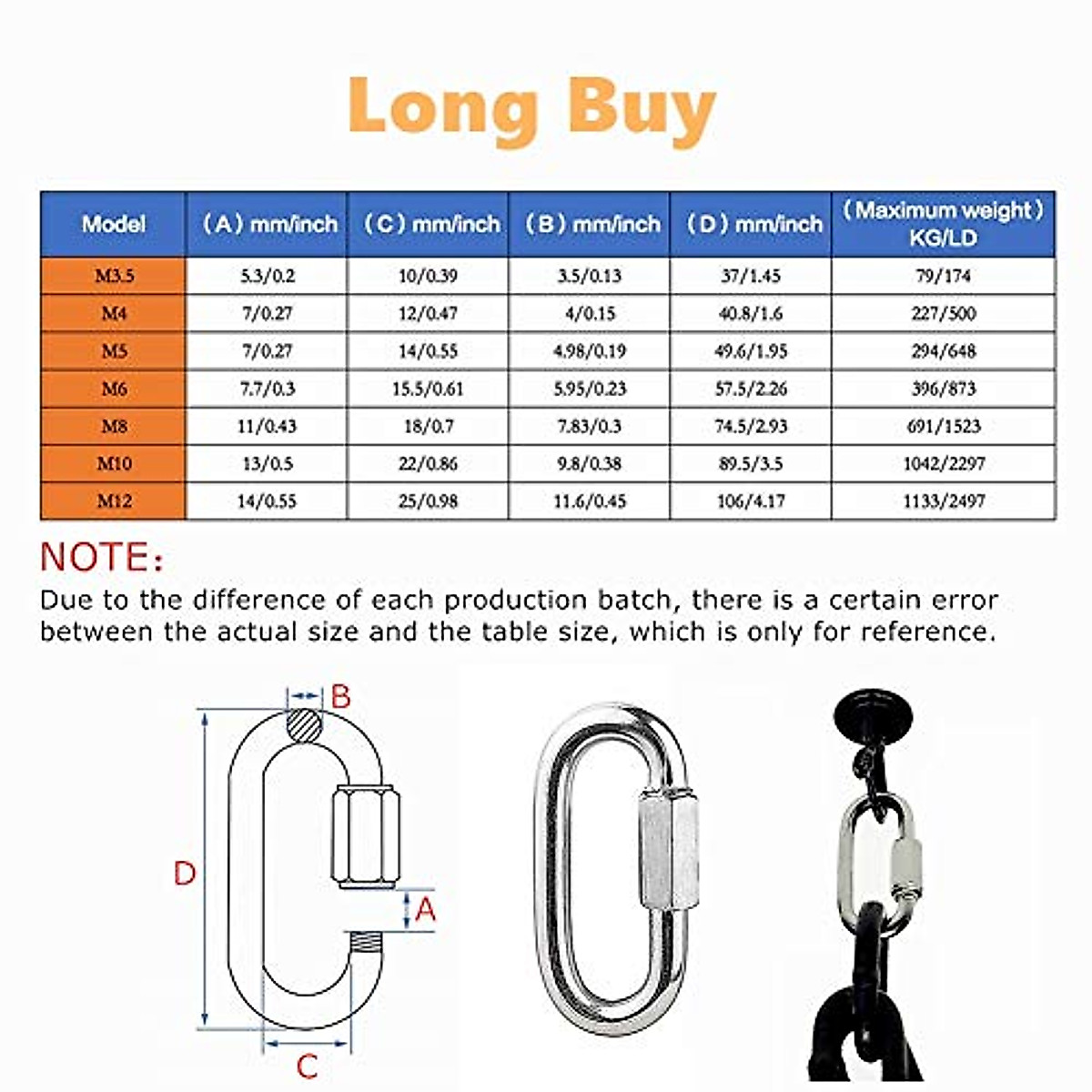 JCPLYNN 304 Stainless Steel D Shape Locking Carabiner Quick Link Chain Connector Keychain Buckle (M3.5 1/8" 18Pack)