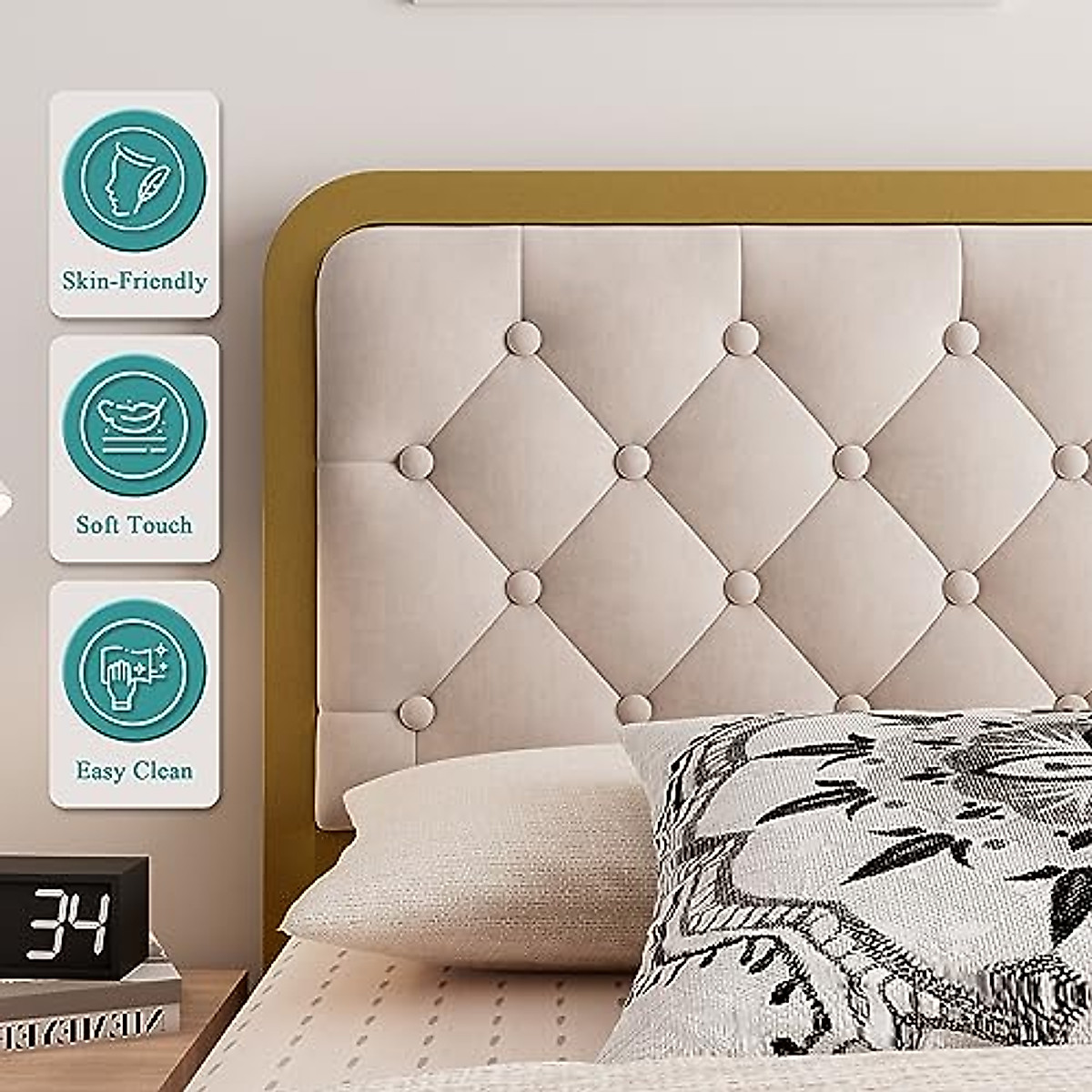 iPormis Queen Size Metal Bed Frame with Velvet Button Tufted Headboard, Curved Platform Bed Frame, Thicker Metal Steel Slats Support, 12'' Under-Bed Space, Noise-Free, Easy Assembly, Gold & Beige