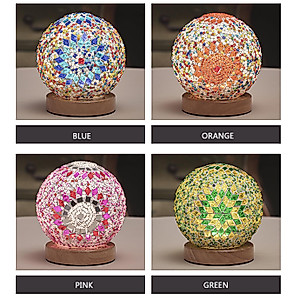HAIDOLIANG Turkish Table lamp (D:4.7" x H:5.2"),Mosaic Glass Lamps with Wooden Base, Bohemian Tiffany Bedside Lamps, USB Power Supply Moroccan Lantern for Living Room Halloween Decorations