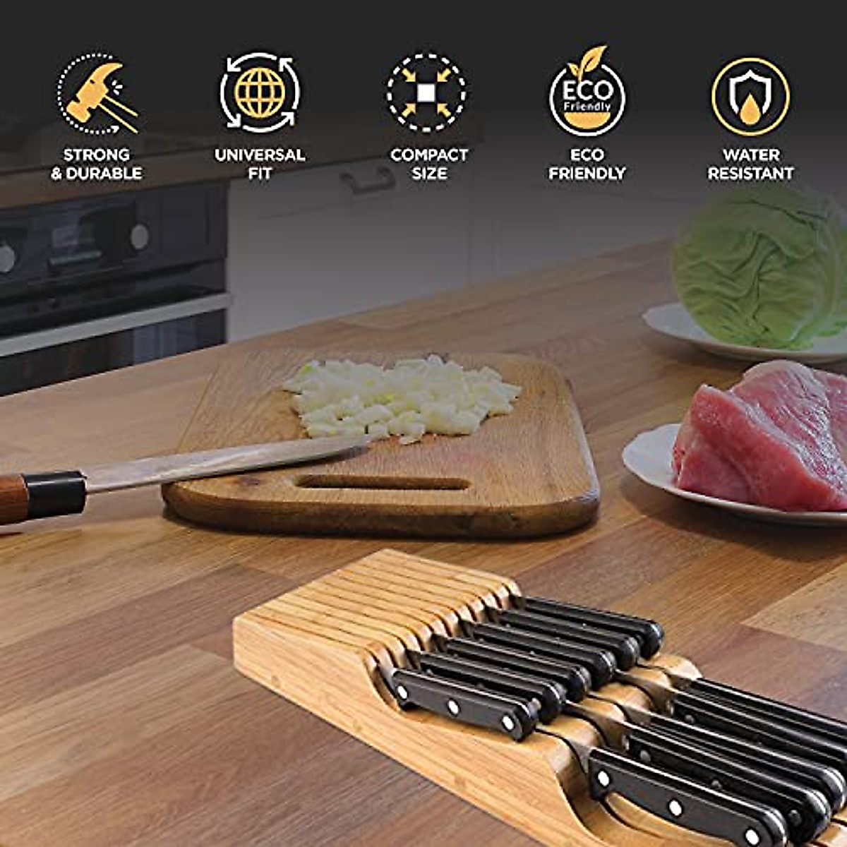 In-Drawer Knife Block Organizer - Bamboo Wood Drawer Knife Organizer - Holds 5 Long + 6 Short Knives (Not Included) - Store Knives with Blades Pointing Down