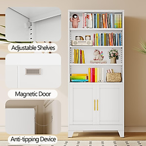 pozdeg 6 Tier Bookshelf and Bookcase, Metal Bookshelves with 4 Adjustable Shelves and 2 Doors, Floor Bookcase and Office Storage Cabinets for Office Study Livingroom Bedroom (White)