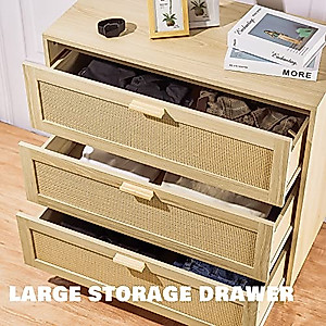 Graficial 3 Drawer Dresser, Rattan Chest of Drawers, Closet Storage Bedside Table Dresser for Bedroom