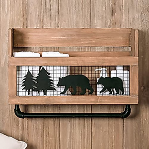 Synovana Cabin Style Hanging Towel Rack with Bar Farmhouse Wooden Floating Shelf Bear Wall Decor Rustic Wall Mounted Storage Towel Rack for Bathroom Kitchen Living Room Home Decor