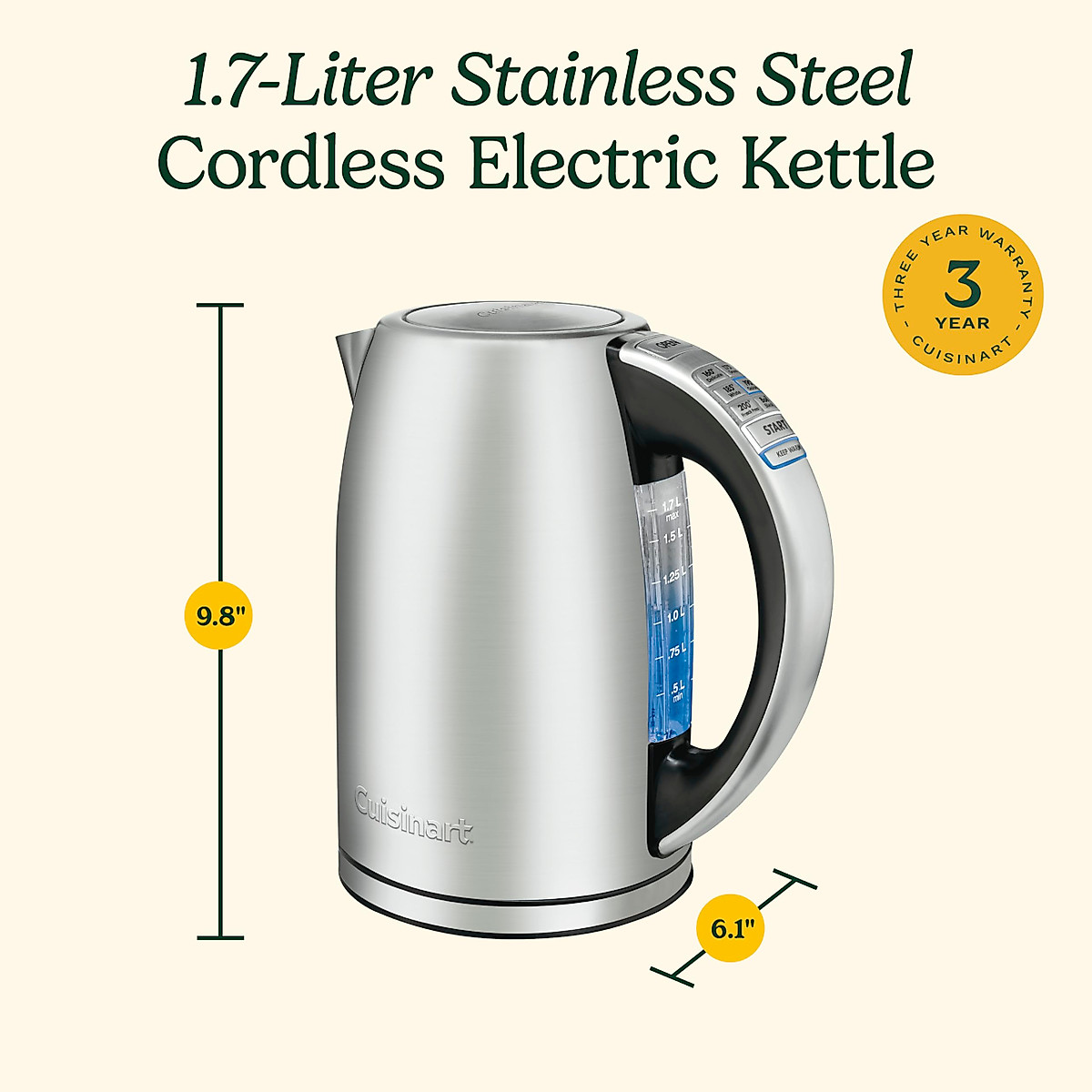 Electric Kettle by Cuisinart, 1.7-Liter Capacity, Cordless 1500-Watts for Fast Heat Up, Stay Cool Non-Slip Handle, Stainless Steel, CPK-17P1