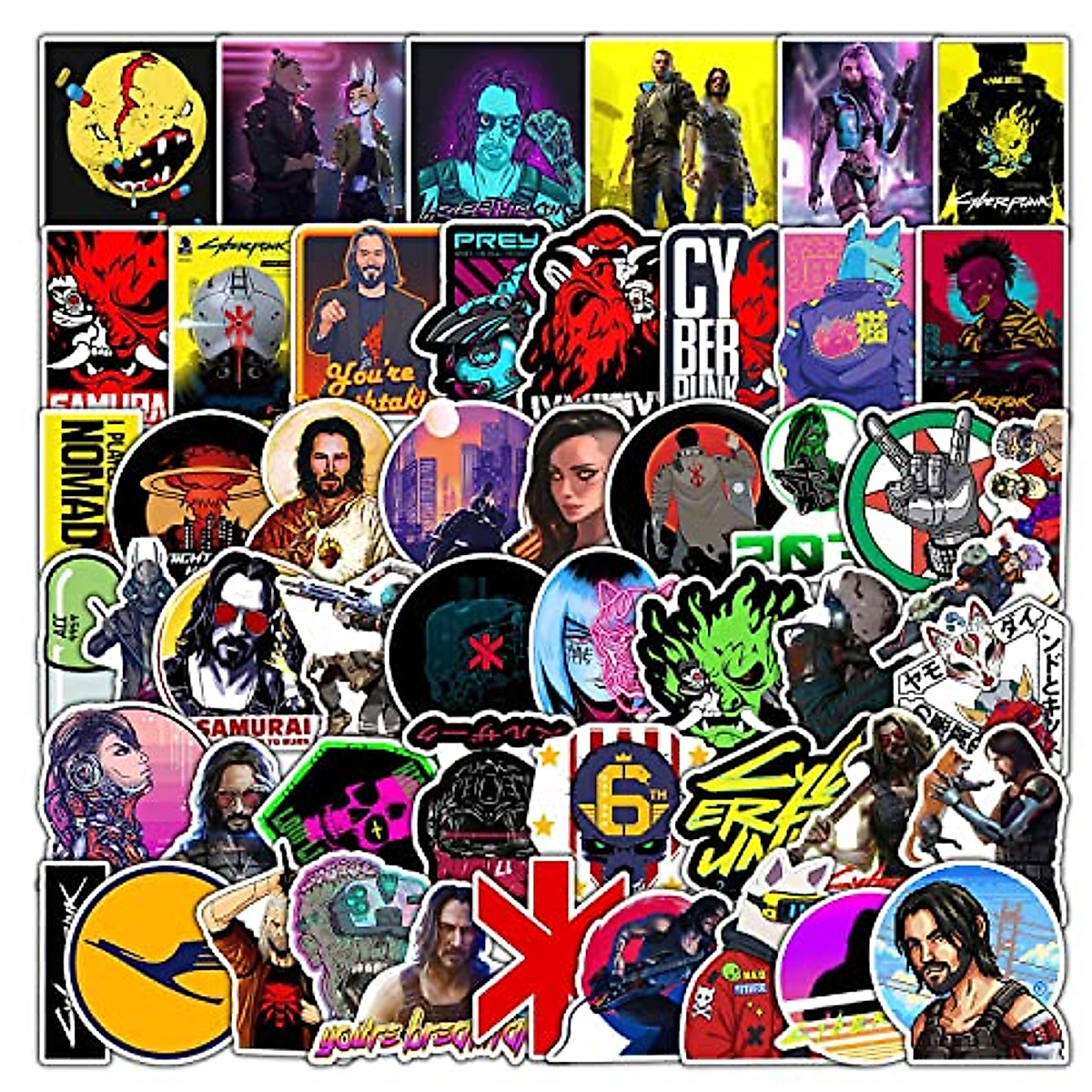 Cherubcare 50Pcs Cyberpunk 2077 Stickers Pack-Cool Vinyl Waterproof Sticker-Water Bottle Computer Laptop Skateboard Stickers for Adult Teen Kid Girls Boys