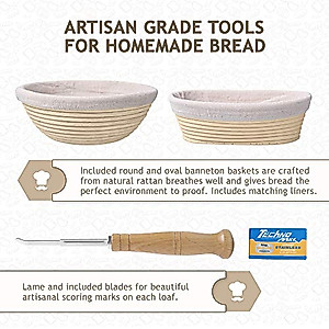 La Patisserie Bread Proofing Basket – 11 Piece Bread Baking Kit with Round and Oval Banneton Basket, Liners, Dough Scrapers, Scoring Lame, Blades, Digital Scale, Canvas Bread Bag