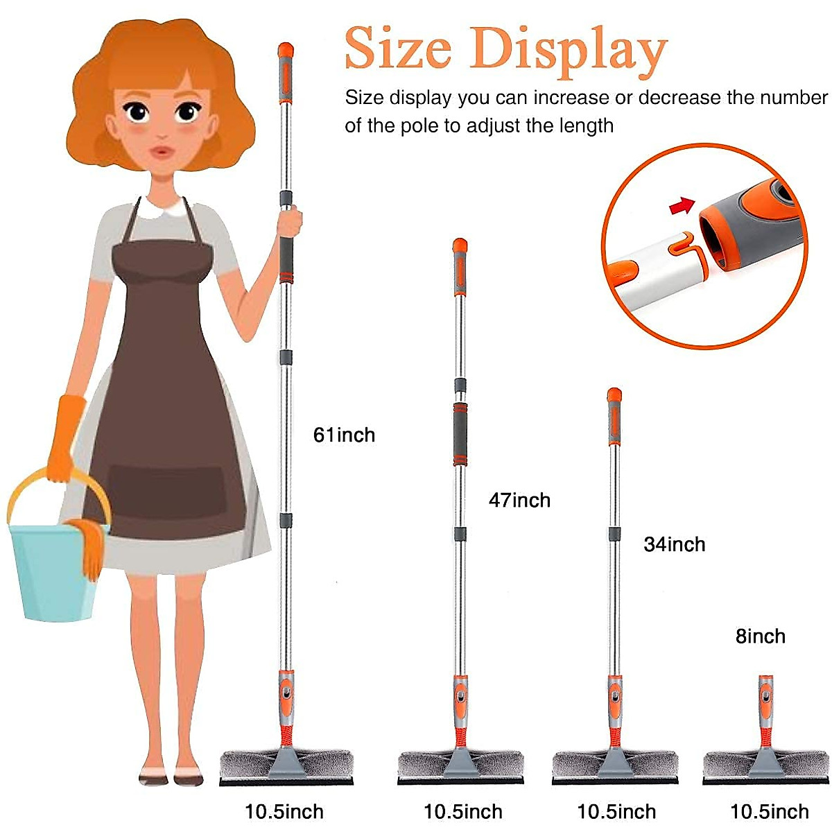 Baban Window Squeegee Cleaner, 2 in 1 Window Cleaning Tool with Elbow and Straight Extension Pole, 61'' Telescopic Window Washing Equipment with Bendable Head for Car Glass Indoor Outdoor High Windows