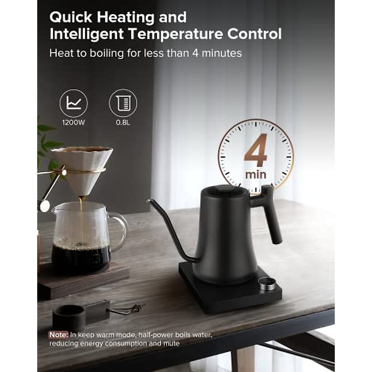 Electric Gooseneck Kettle With Variable Temperature Control, One-key Control All Functions, Pour-Over Coffee Kettle and Tea Kettle, 1200W Quick Heating, 0.8L, Built-in Stopwatch, Matte Black