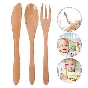 Kichvoe Wooden Cutlery Set Wood Kitchen Flatware Kids Tableware Reusable Dinnerware Spoon Fork Utensil for Home Preschool