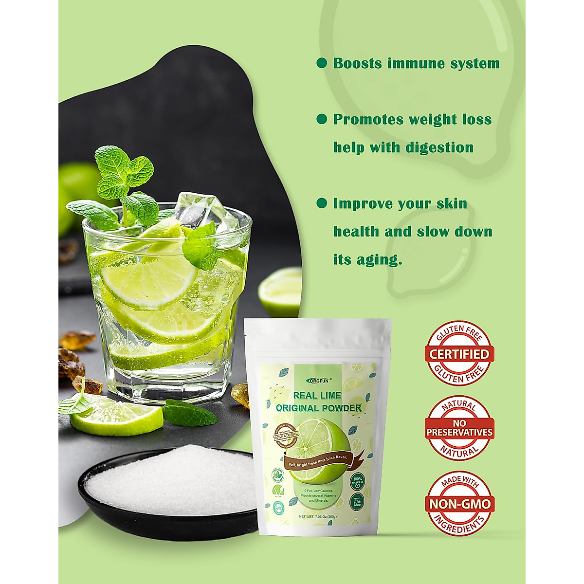 ORGFUN Original Lime Powder, Whole Lime Juice Freeze Dried Powder, Fresh Squeezed Lime Juice Prefer for Cocktails, Drinks, Smoothies, and Cooking 7.06 Oz