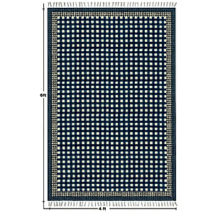 Casavani Hand Block Printed Area Rug Hand Made Geometric Blue Tassel Rug Cotton Easy Washable Rugs Best Uses For Doormat Entryway Kids Room Bedroom Hallway 4x8 6x8 7x7 Feet Square