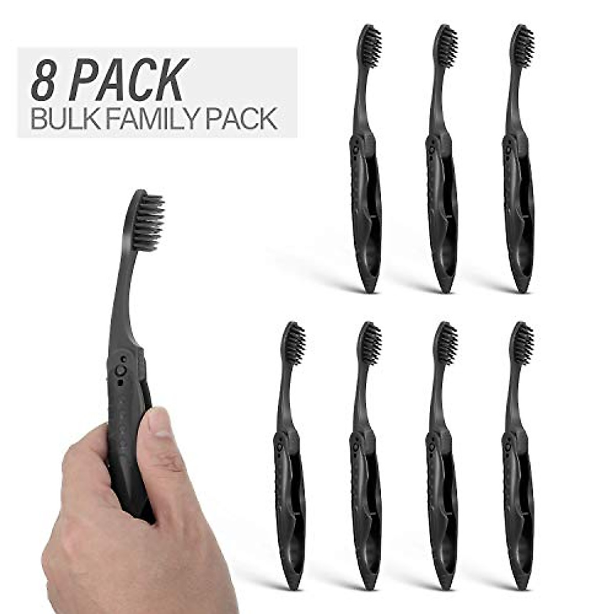8 Packs Individually Wrapped Black Travel Folding Toothbrush for Travel and Camping Portable Charcoal Toothbrush with Soft Medium Bristles for School