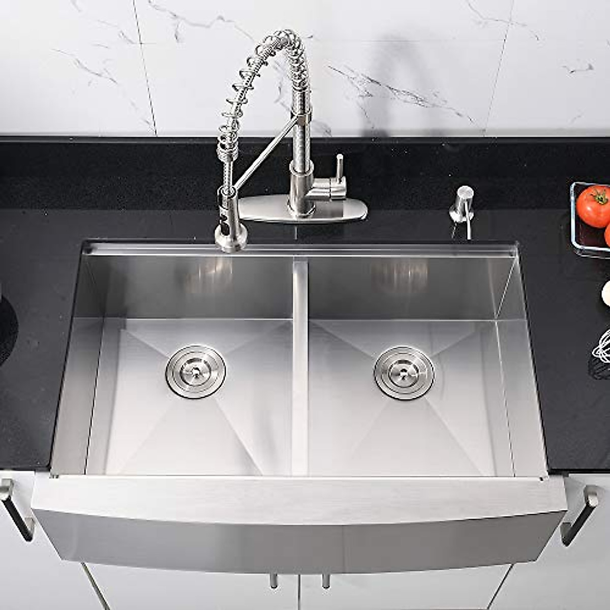 33 Inch Double Bowl Farmhouse Sink Workstation-Bokaiya 33x22 Stainless Steel Double Bowl Kitchen Sink Apron Front Sink 16 Gauge Deep 50/50 Low Divide Farm Sink with Cutting Board