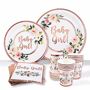Baby Shower Tableware Plates and Napkins, Baby Girl Decorations | 25 Servings With Rose Gold Foil, Pink Floral Paper Dessert Disposable Cups | Tea Party Supplies