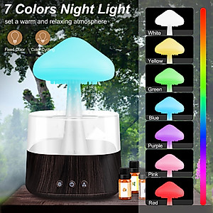 Rain Cloud Humidifier Water Drip, Mushroom Rain Cloud Diffuser with 5 Essential Oils, Raining Cloud Night Light with Rain 7 Changing Colors, Desk Bedside Cloud Lights for Sleeping Relaxing Black Mood