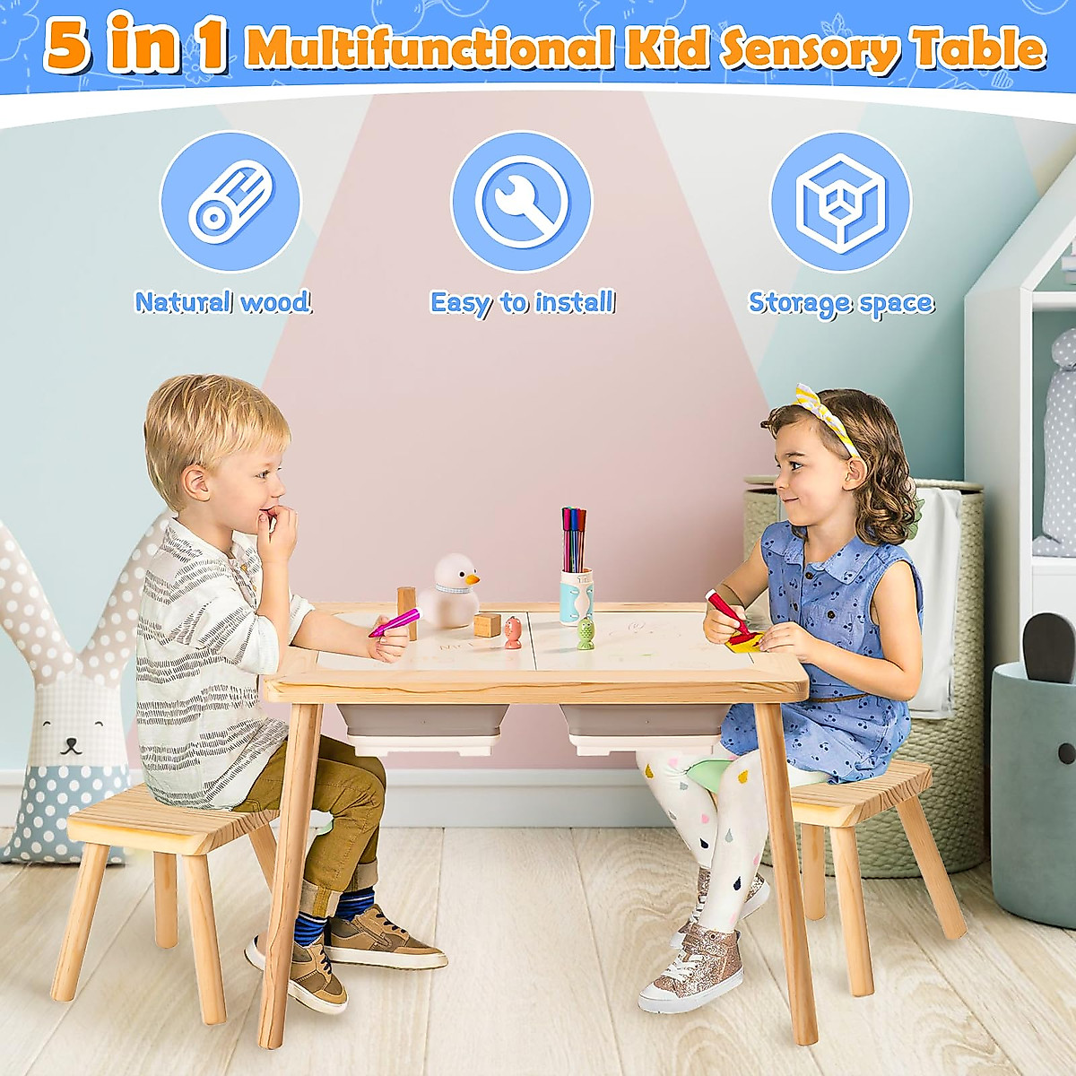 Purelax Children's Sensory Table with 2 Stool, Multifunction Toddler Play Sand Table Indoor Art Table Drawing Table for Kids, Toddler Sensory Table with 2 Storage Bin & 2 Stool