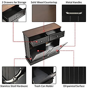 KIGOTY Dual Kitchen Trash Cabinet, Double Tilt Out Trash Can Cabinet with Countertop and Drawer, Free-Standing Pet Proof Recycling Cabinet Garbage Can Holder (Black)