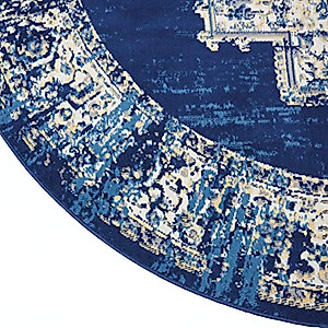 Nourison Grafix Persian Navy Blue 8' x ROUND Area Rug, Easy -Cleaning, Non Shedding, Bed Room, Living Room, Dining Room, Kitchen (8 Round)
