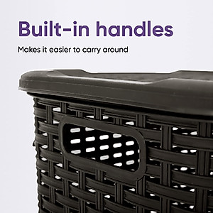 Plastic Laundry Hamper with Lid Laundry Hamper Basket, Brown Tall Cloths Hamper Organizer with Cut-out Handles. Space Saving for Laundry Room Bedroom Bathroom, Wicker Design 60 Liter