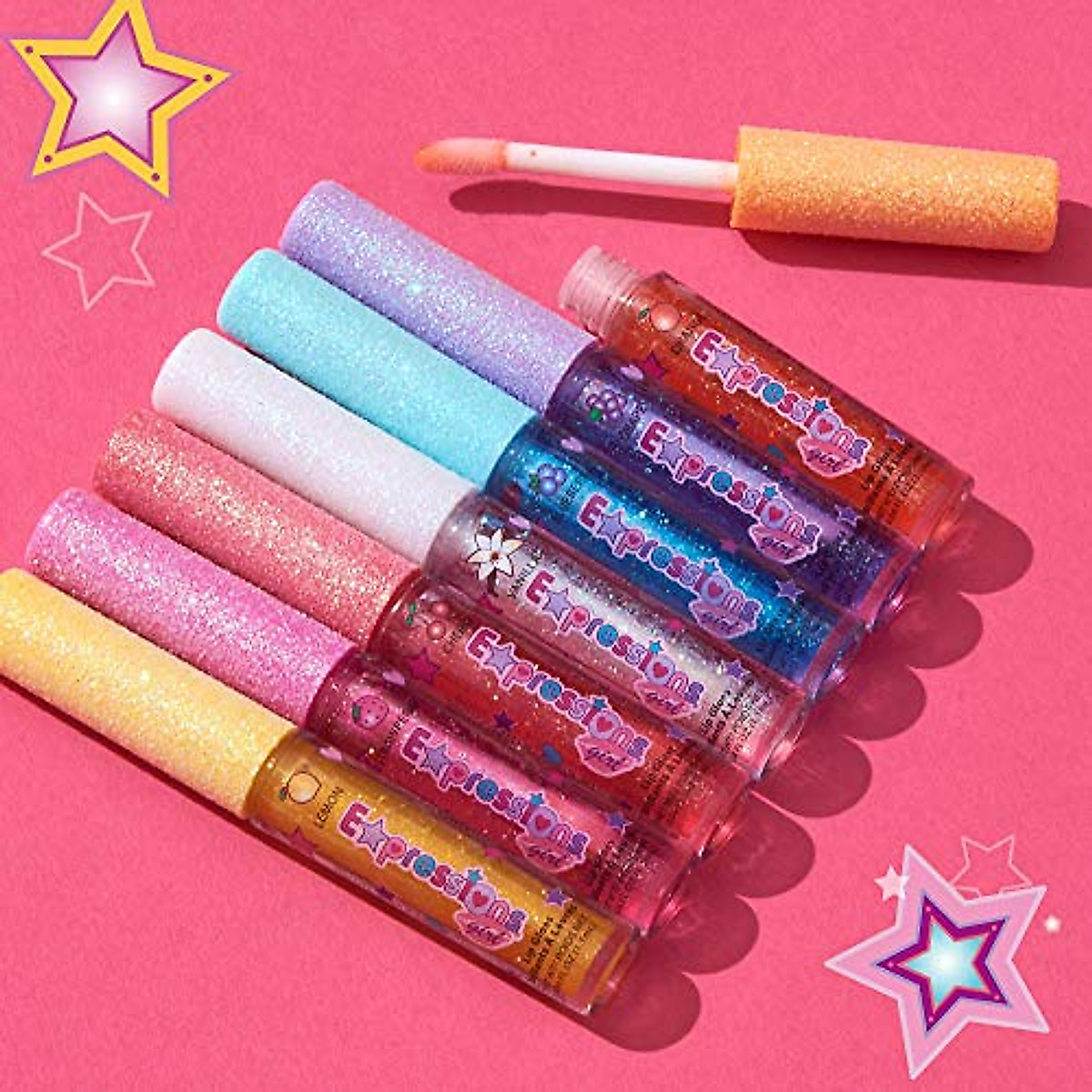 Expressions girl 7pc Fruity Flavored Lip Gloss Set, Long Lasting Glossy Lip Makeup for Kids/Teens - Lip Gloss in Assorted Fruity Flavors, Teen Girls Party Favors, Non Toxic Makeup for Kids