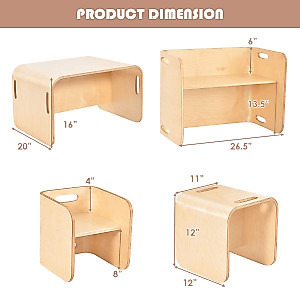 Posdutti Kids Table & Chair Sets, Multipurpose Toddler Furniture 3-Piece Set w/Wood & Thicker Planks, Space-Saving Design, No Assembly Required, Children Learning Desk for Home Kindergarten, Natural