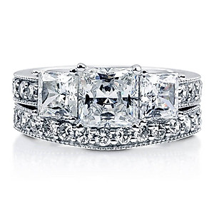 BERRICLE Sterling Silver 3-Stone Wedding Engagement Rings Princess Cut Cubic Zirconia CZ Ring Set for Women, Rhodium Plated Size 7.5