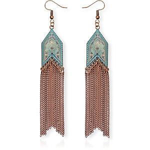 Soul Statement Western Jewelry for Women: Nashville Boho Earrings, Teal Copper & Long Bronze Tassel Chains, Country Concert and Festival Accessories