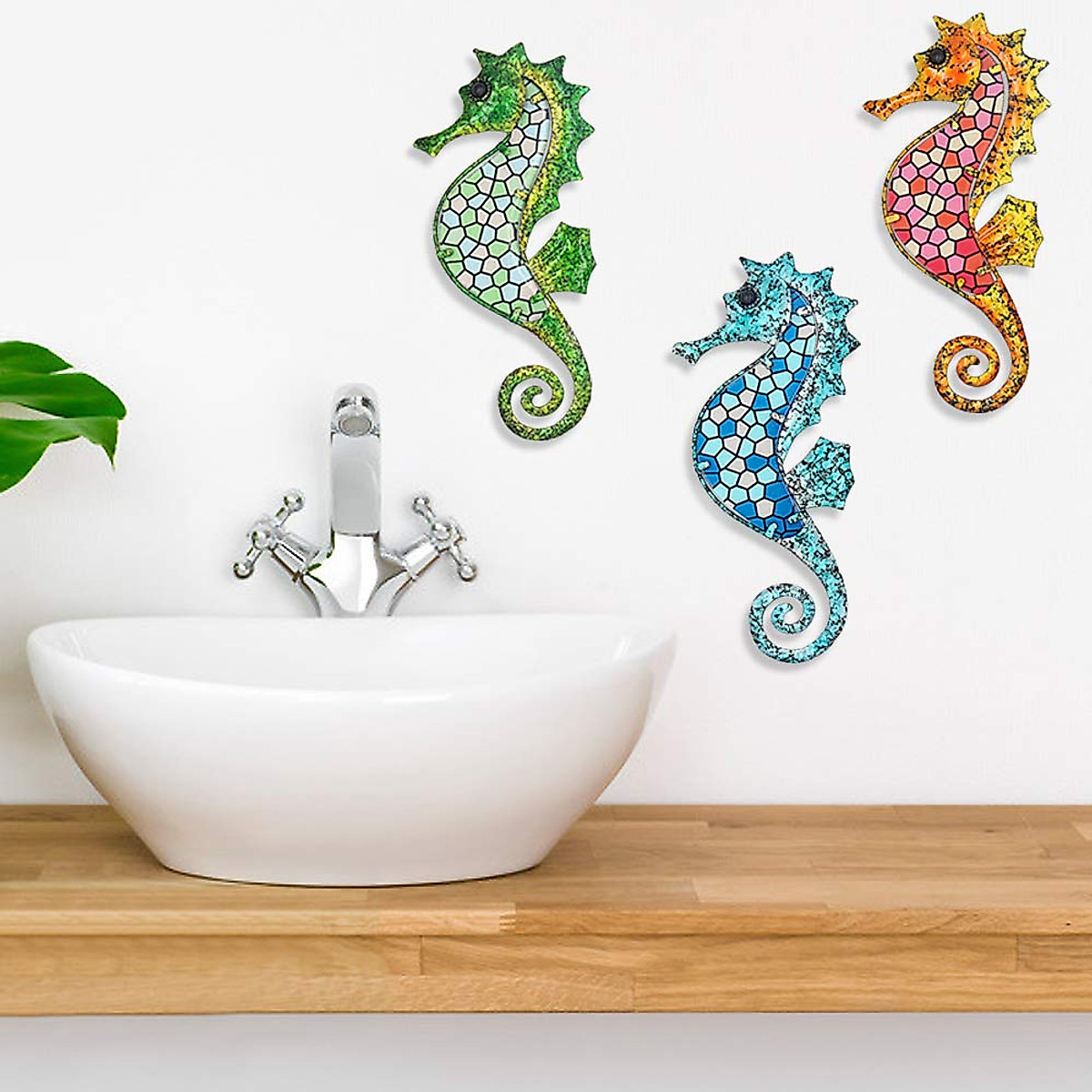Maansfy Seahorse Wall Decor Mosaic Glass Art Metal Sculpture Hanging Decorations Set of 3 for Home Garden Bedroom Patio