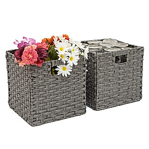 Foldable Synthetic Plastic Wicker Storage Basket with Iron Wire Frame By Blue Ridge Basket Company (Set of 2)