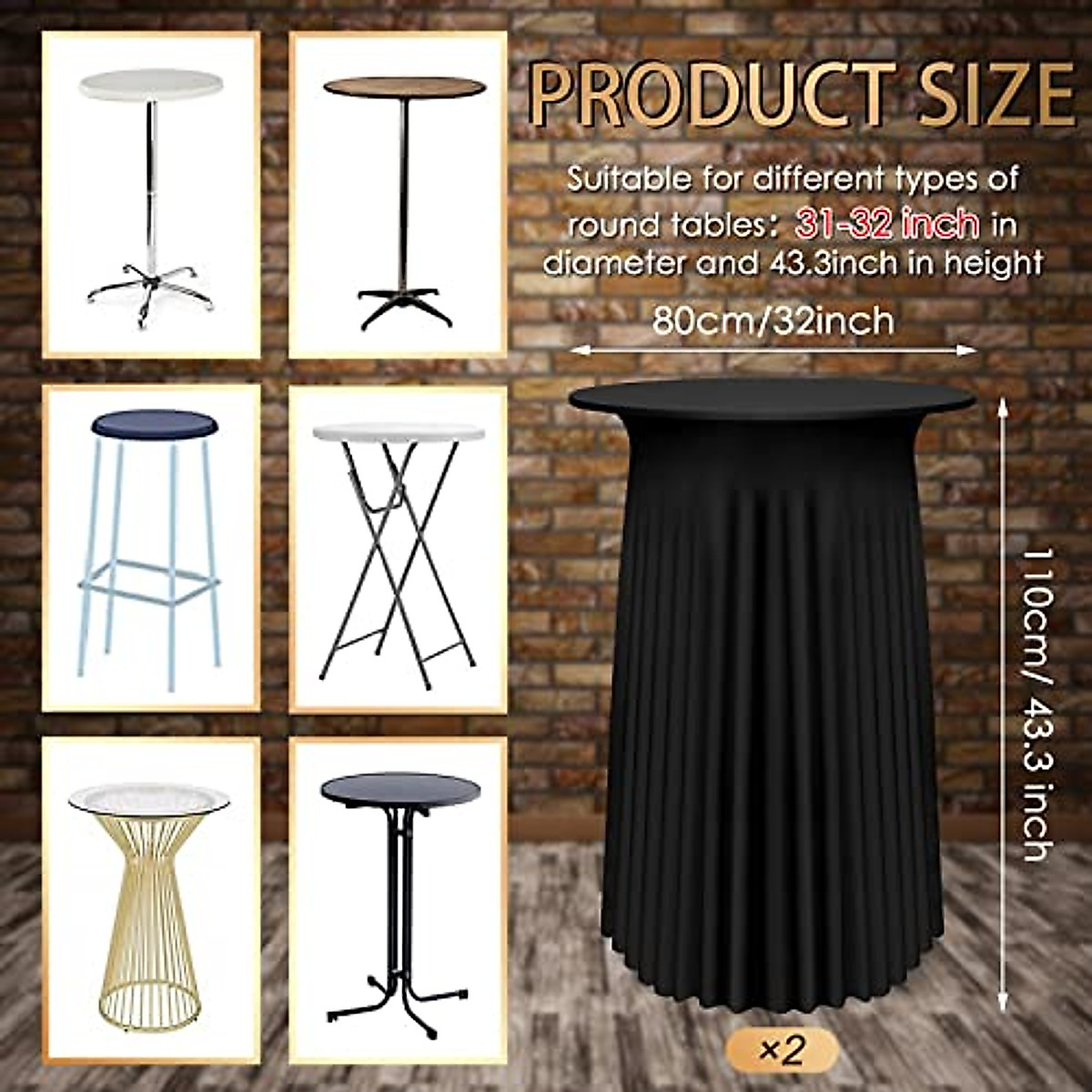 Juexica Cocktail Table Cover Round Cocktail Tablecloth with Skirt 32x43 Inch Spandex Tablecloth Fitted Table Covers Table Cloth for High Top Wedding Birthday Banquet Party (Black, 2 Pieces)
