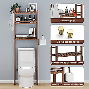 HENGYANG Over The Toilet Storage, 3-Tier Wooden Bathroom Shelf Over Toilet with 2 Hooks & Toilet Paper Holder, 20 inch Over Toilet Shelf Organizer for Bathroom, Restroom, Guardrail to Prevent Toppling
