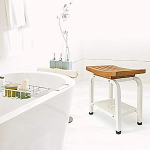 Bali Teak & Aluminum Indoor Outdoor Shower/Bath/Spa/Patio Stool Bench, Seat Chair with Storage Shelf and Adjustable TPR Feet, Anthology Spa Collection, B103/BGE (Light Beige)