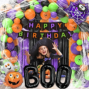 Halloween Birthday Party Decorations Supplies Include Halloween Birthday Banner Fringe Curtain Tablecloth Spider Web Cake Topper Tattoo Stikers for Halloween Themed Birthday Party Decorations