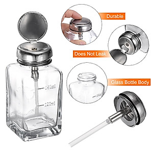 HARFINGTON 6Oz / 180ML Glass Pump Dispenser Bottle Square Clear Liquid Pumping Press Push Down Alcohol Container with Metal Flip Cover for Makeup Remover