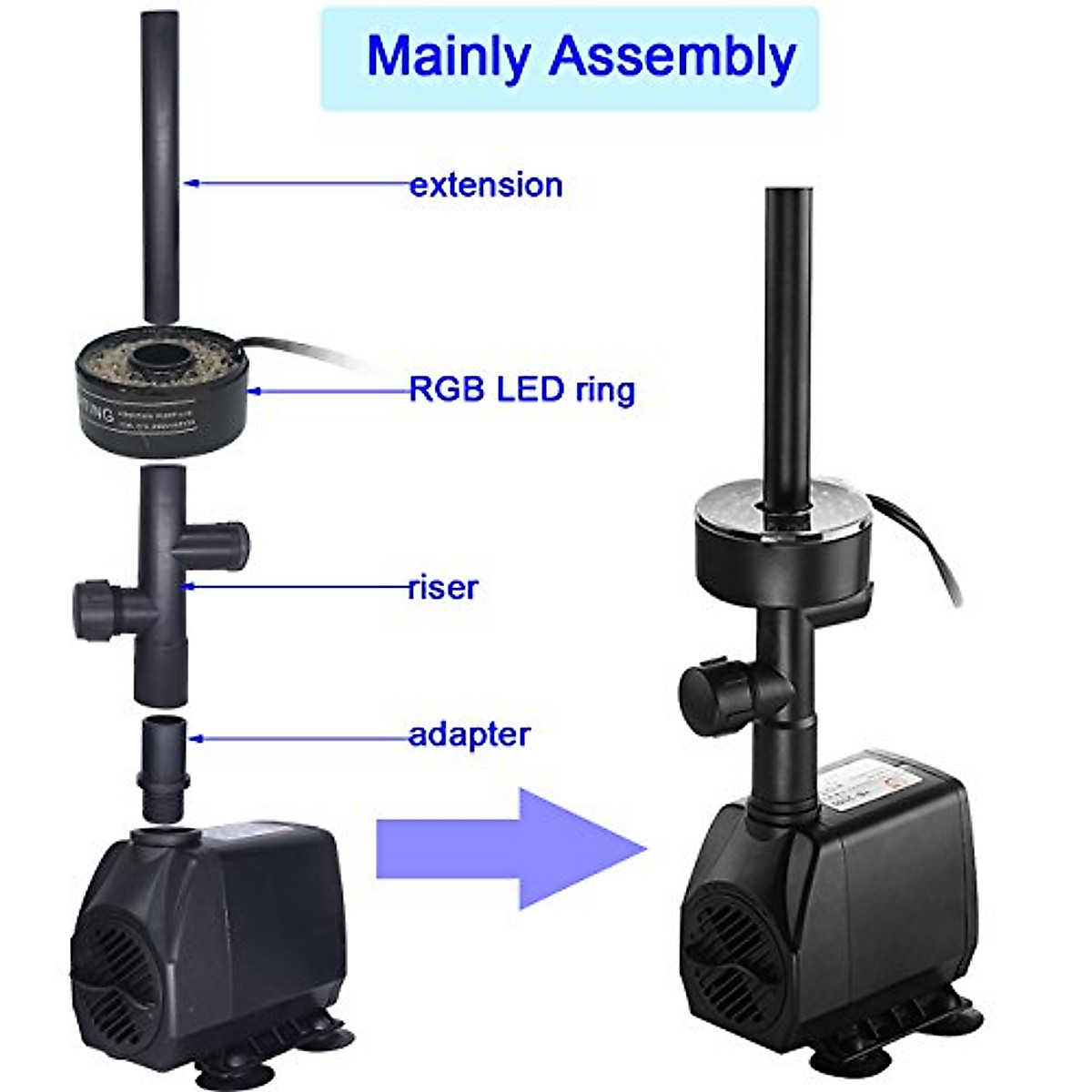 COODIA 730GPH Submersible Pump Fountain with RGB Color Changing Ring Water Patterns Decoration Garden Pond Landscape 2800L/H, 110V/55W