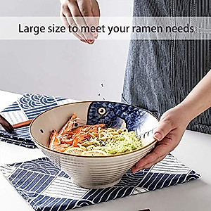 NJCHARMS Ceramic Japanese Ramen Noodle Soup Bowl, 2 Sets (6 Piece) 60 Ounce Ramen Bowls, with Spoons and Chopsticks for Udon, Pho, Asian Noodles, Ramen Noodles Bowl, Blue