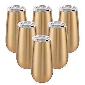 6 Pack Stemless Double Insulated Champagne Flute Tumbler with Lid, 6 Oz Unbreakable Reusable Cocktail Cups Champagne Toasting Glasses, Birthday Christmas Gifts for Friends, Wine Glass Tumbler, Golden