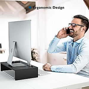 1home Monitor Stand Riser, 16.7 Inch Wood Monitor Riser Stand with Storage Organizer, Desktop Ergonomic Monitor Stand Riser with Cellphone Holder and Cable Management, Black